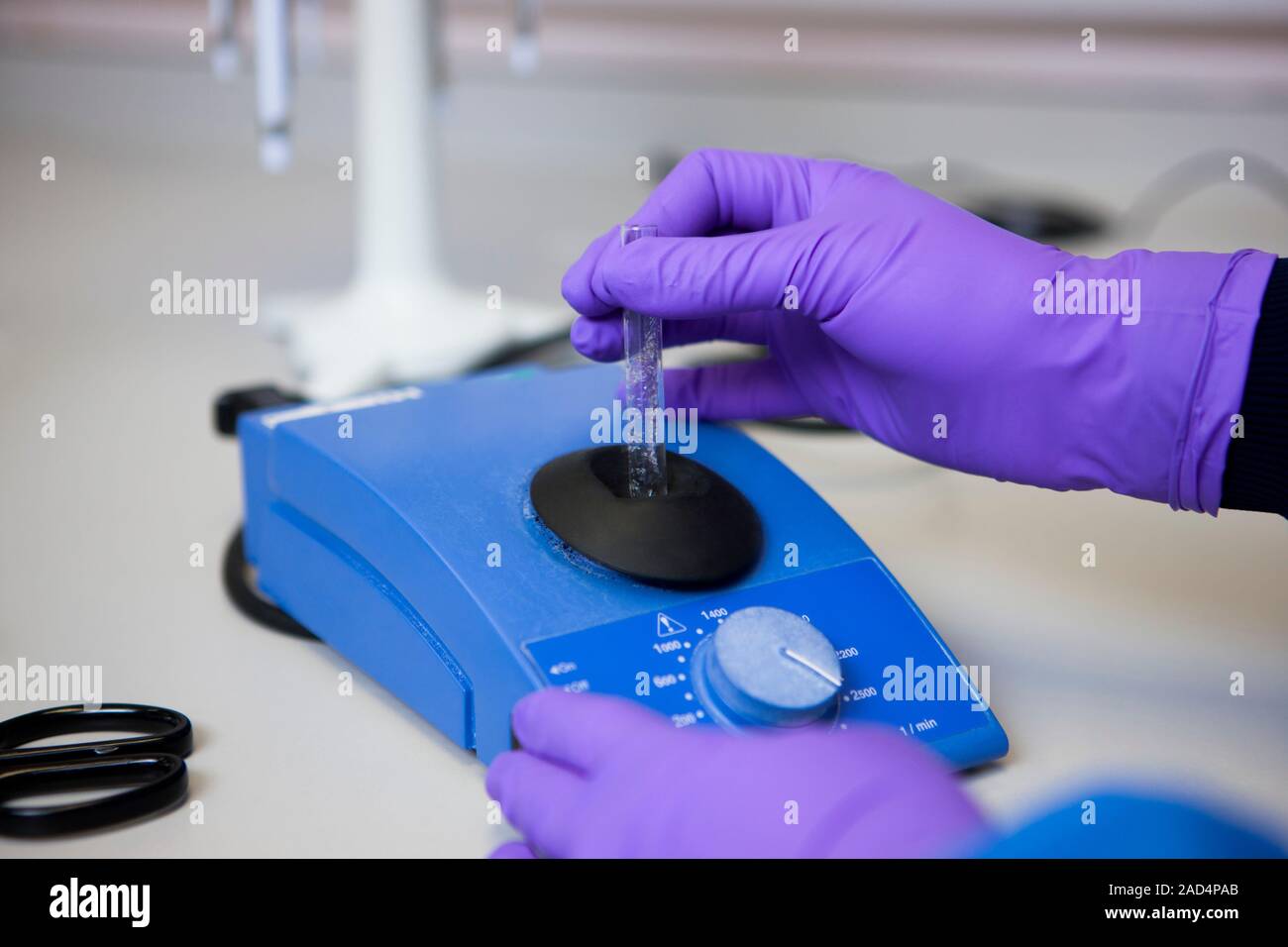 Drug research. Close-up of a test tube being stirred with a vortex ...