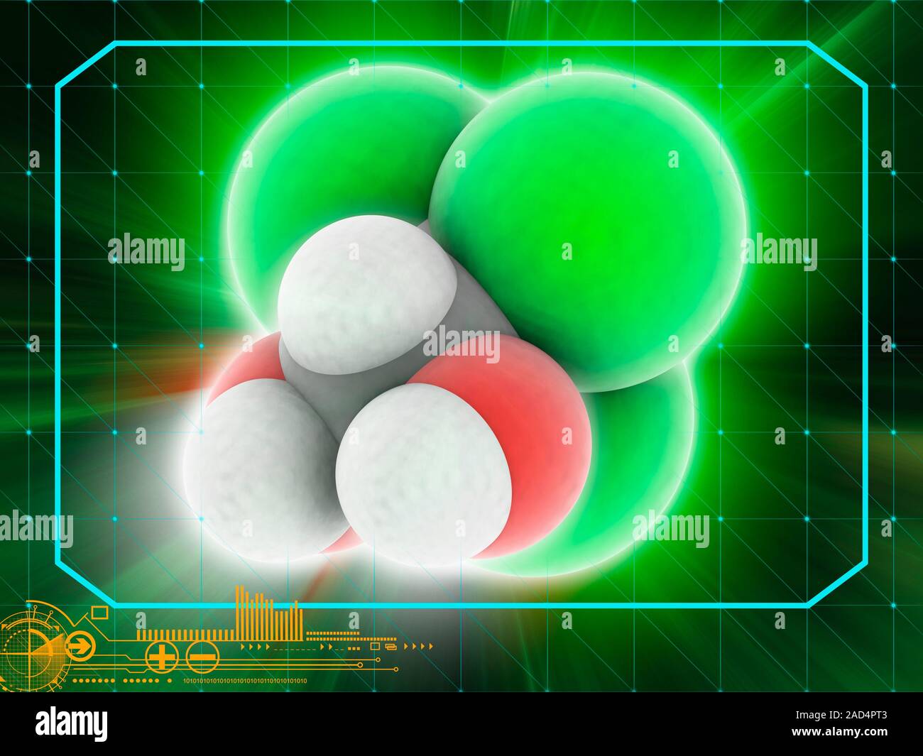 Chloral hydrate. Molecular model of the drug chloral hydrate (C2.H2.Cl3 ...