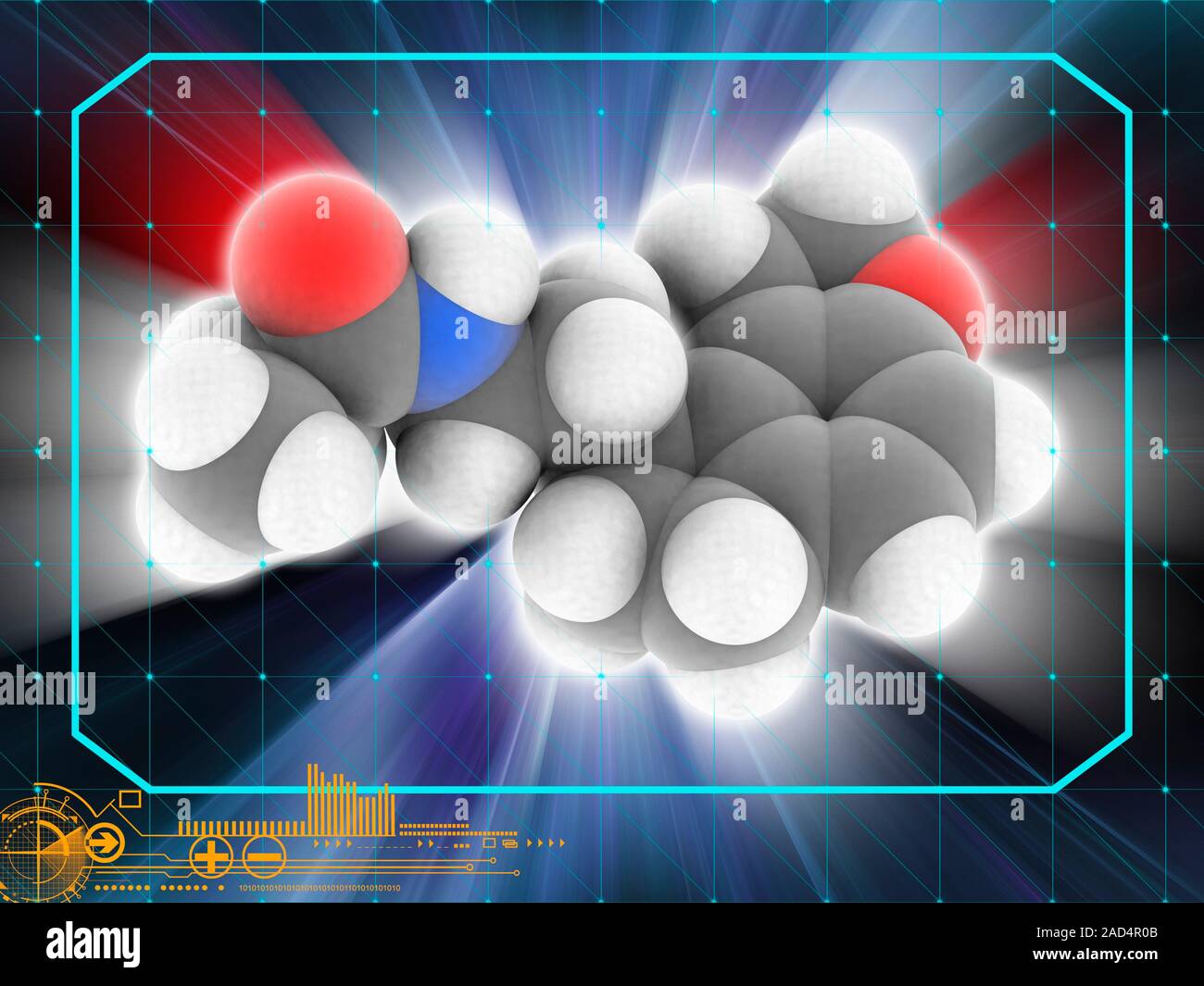 Ramelteon. Molecular model of the drug ramelteon (C16.H21.N.O2). This ...