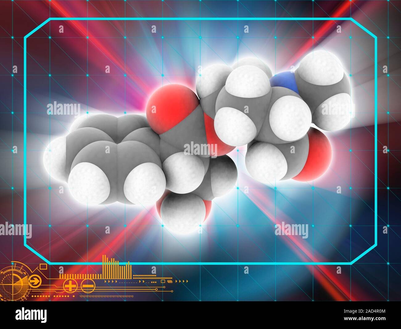 Scopolamine. Molecular model of the drug scopolamine (C17.H21.N.O4), a ...