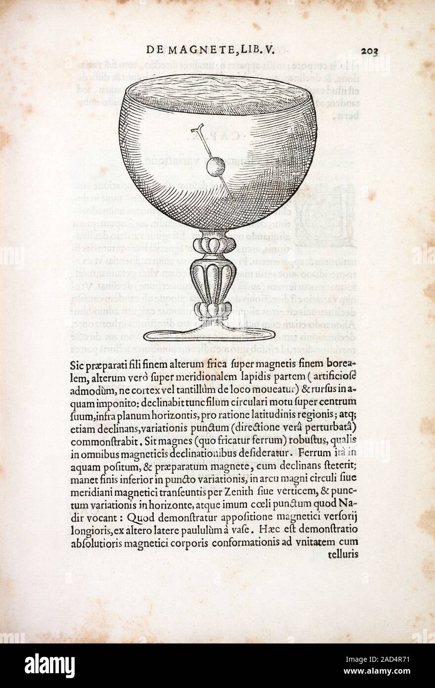 Norman on magnet dip. Page from 'De Magnete' (On the Magnet, 1600) by English physicist William ...
