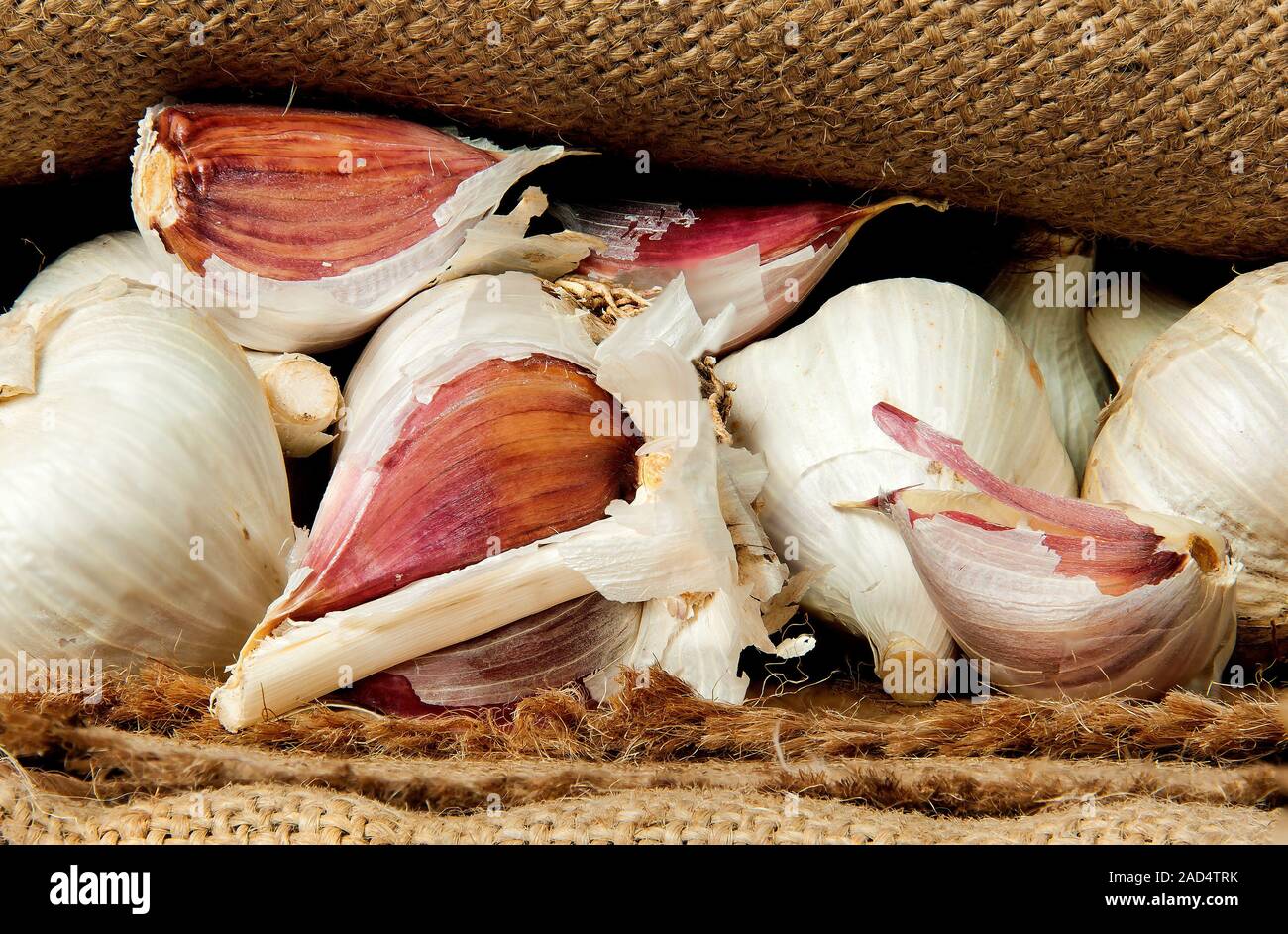 Whole garlic and cloves of garlic in a sack Stock Photo - Alamy