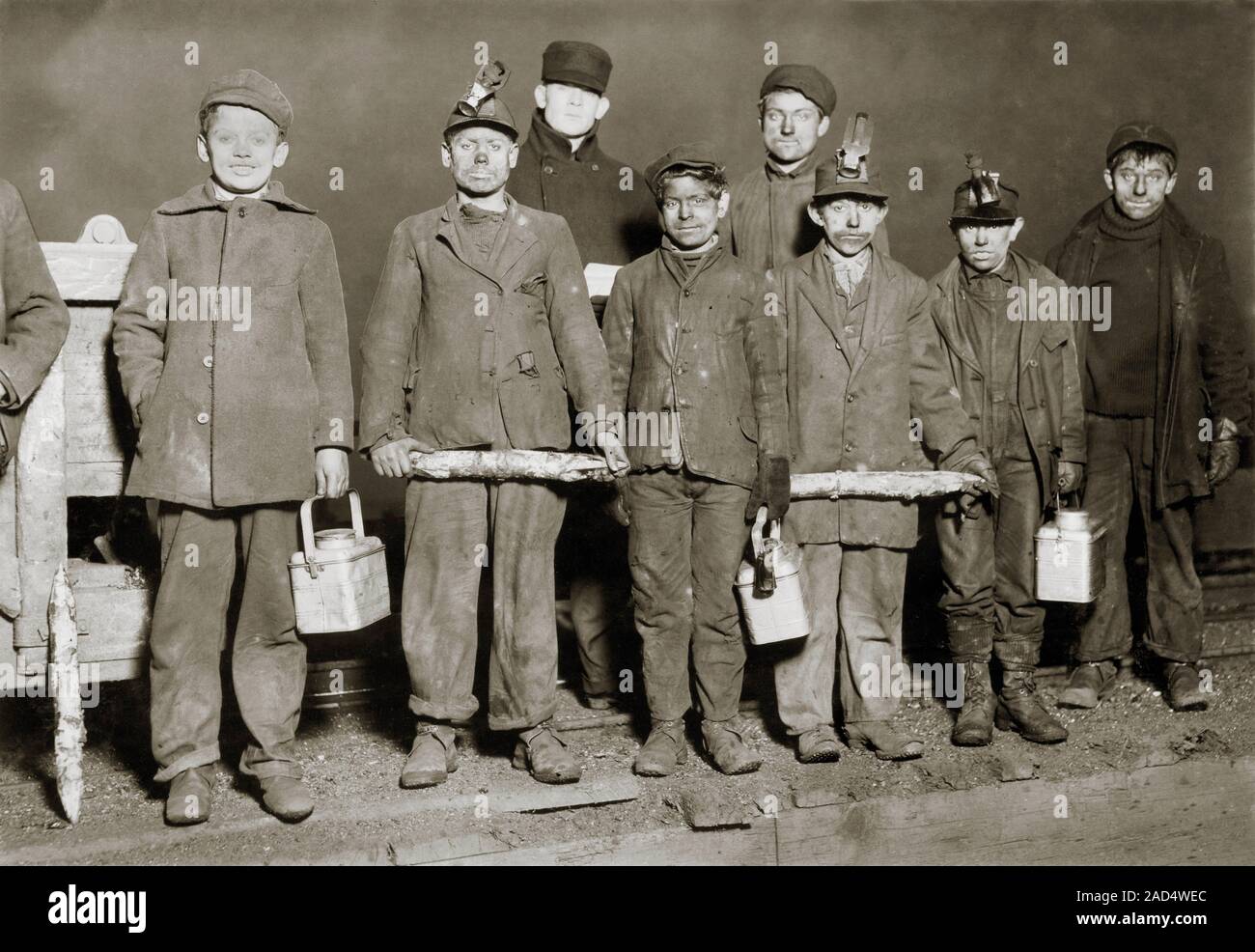 Child coal miners. Boys after a day's work underground at a coal mine ...