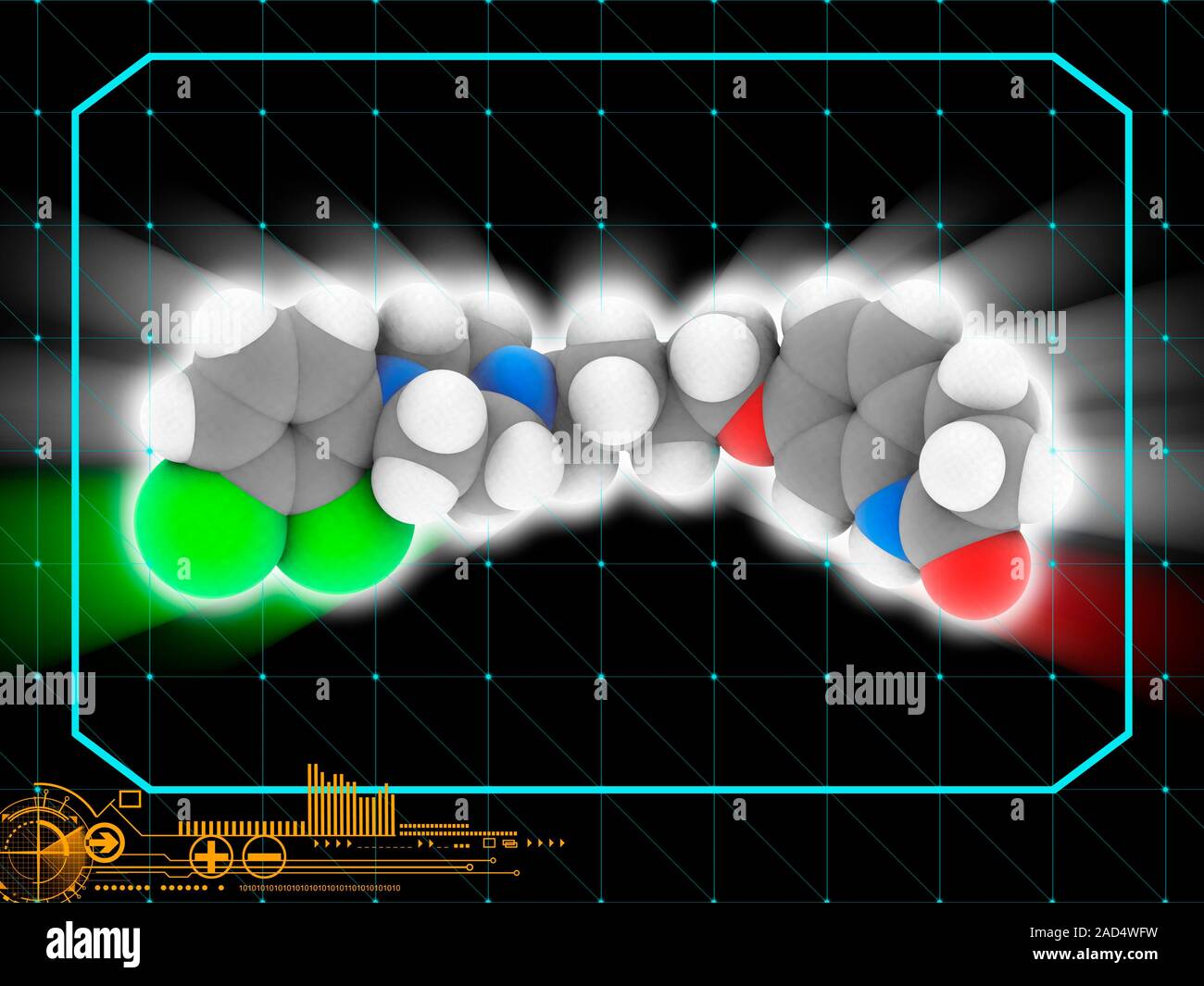 Aripiprazole. Molecular model of the drug aripiprazole (C23.H27.Cl2.N3 ...