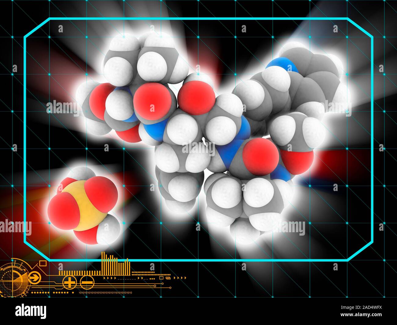 Atazanavir sulfate. Molecular model of the drug atazanavir sulfate (C38.H52.N6.O7 H2.S.O4). This ...