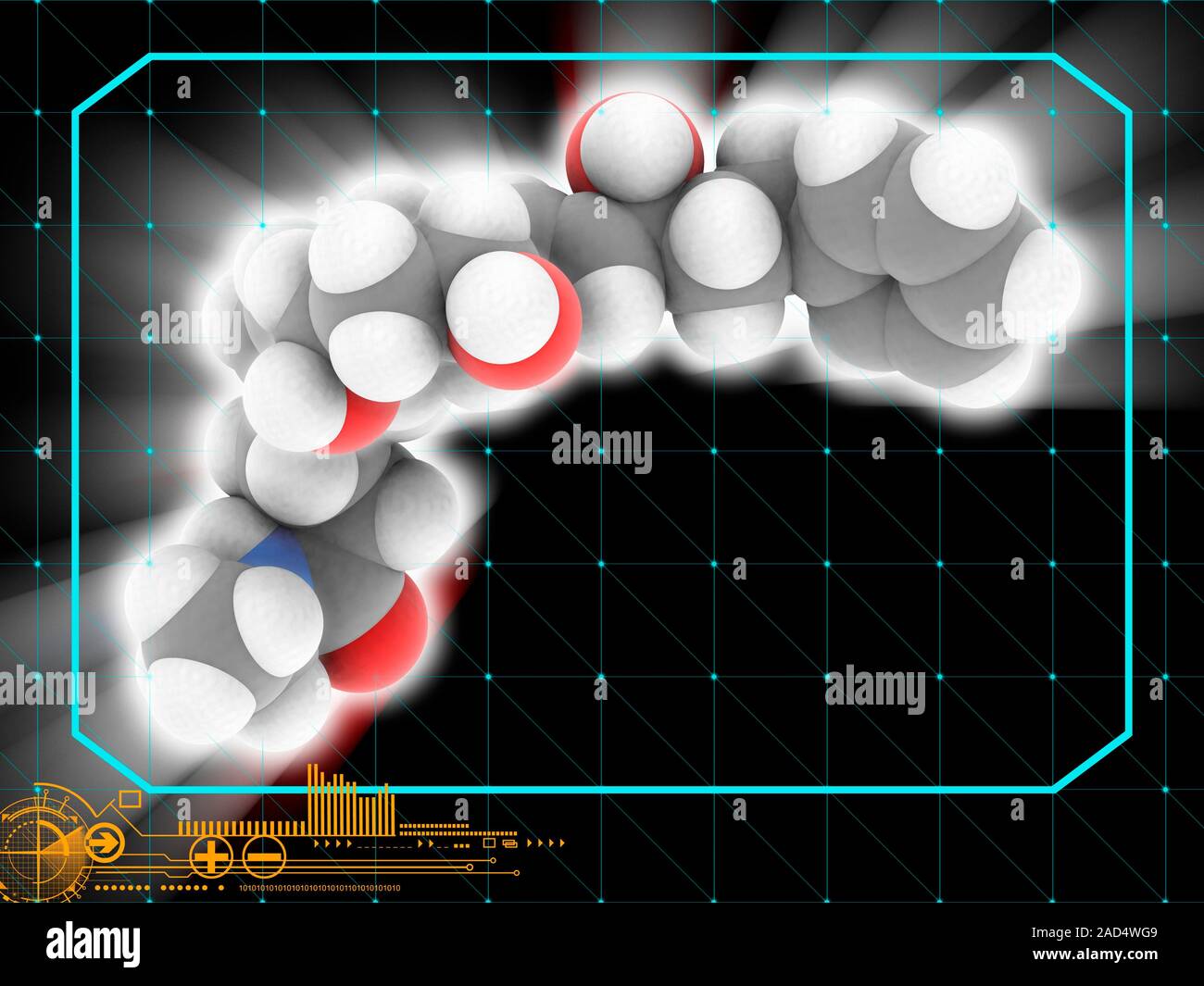 Bimatoprost. Molecular model of the drug bimatoprost (C25.H37.N.O4 ...