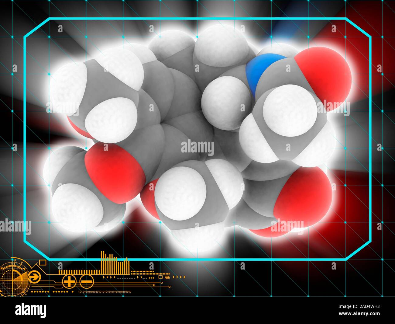 Colchicine. Molecular model of the drug colchicine (C22.H25.N.O6). This ...