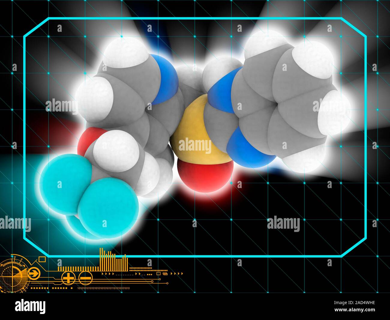 Dexlansoprazole. Molecular model of the drug dexlansoprazole (C16.H14 ...