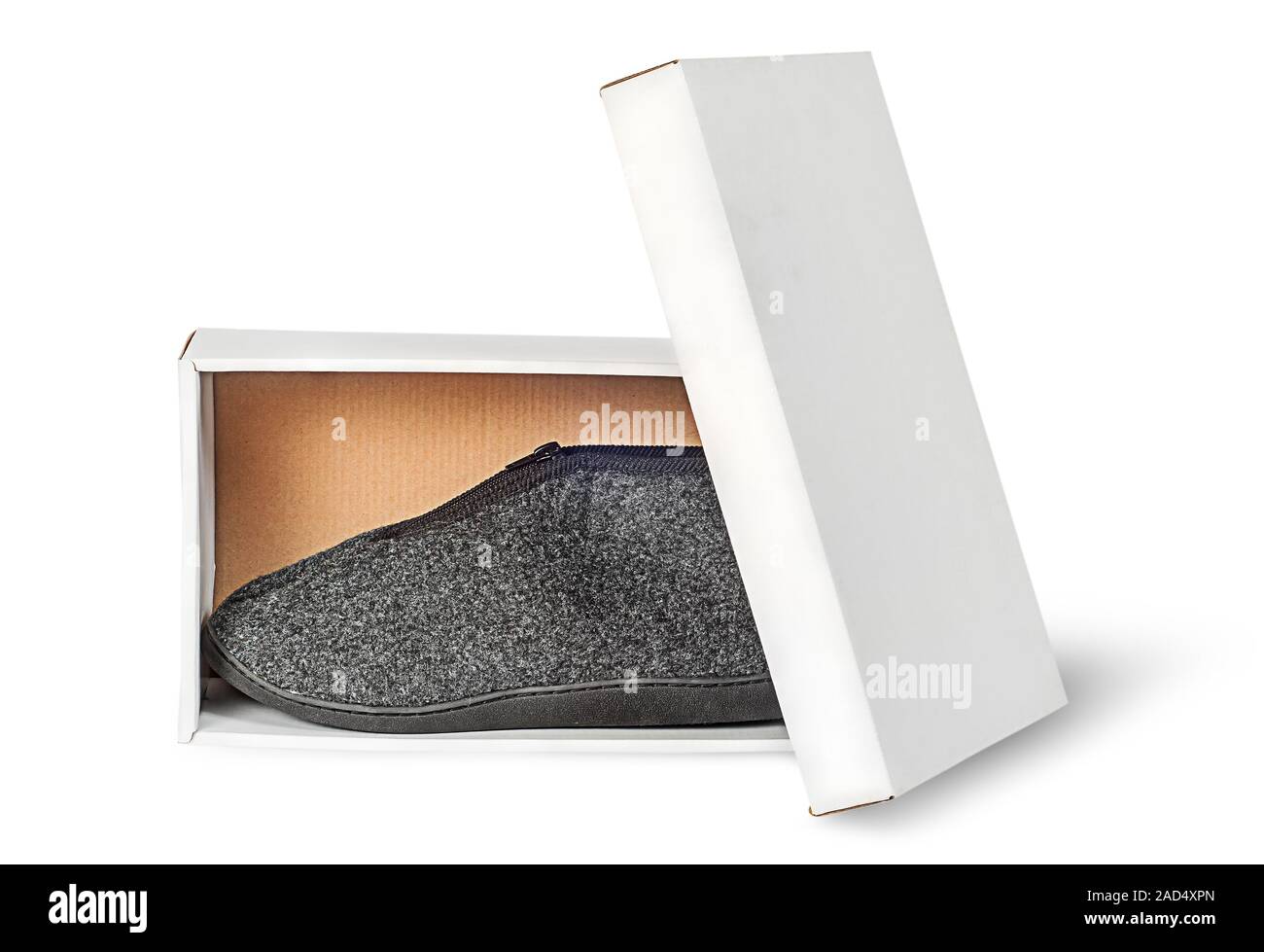 Single slipper in white cardboard box with lid Stock Photo - Alamy