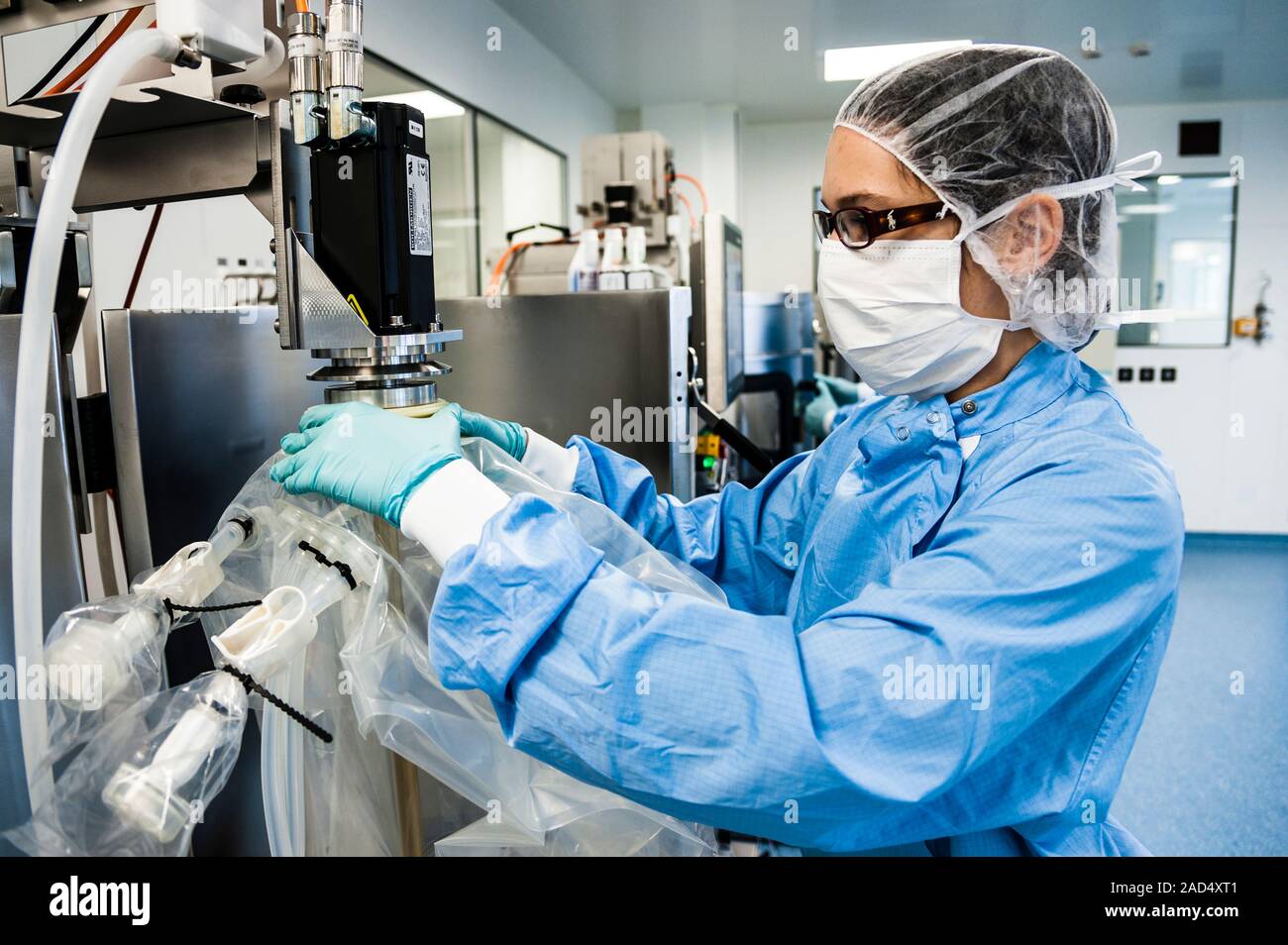 Gene therapy production unit. A technician at work in the bioreactor ...
