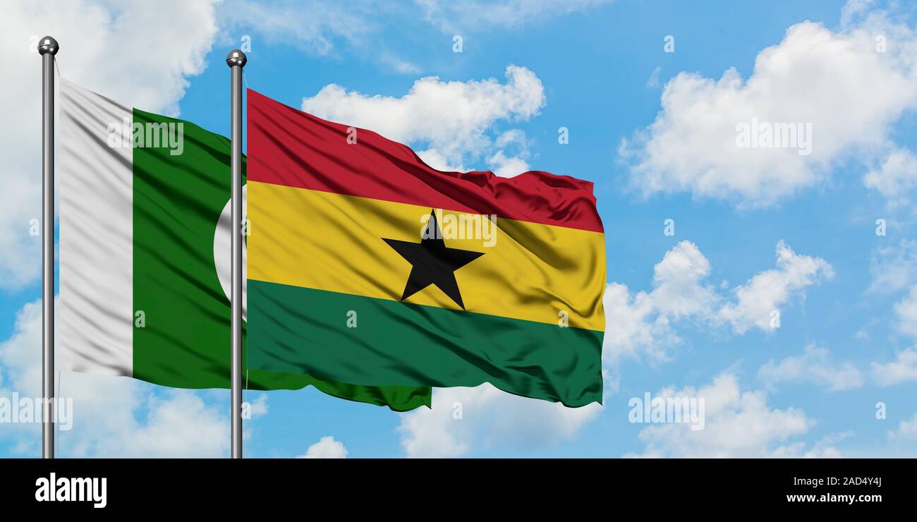 Pakistan and Ghana flag waving in the wind against white cloudy blue ...