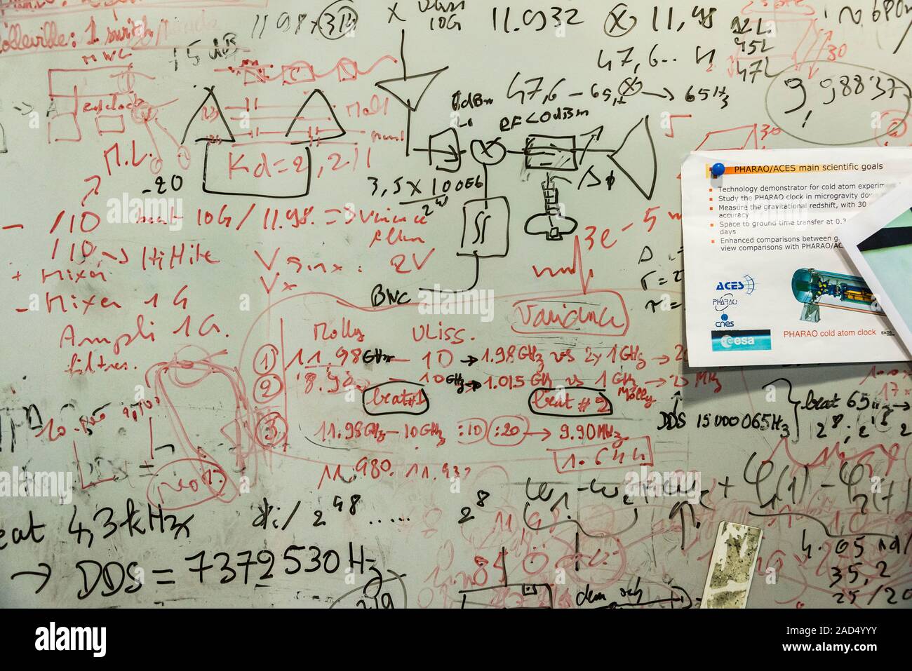 Notes and diagrams on a board at a time research laboratory, SYRTE ...