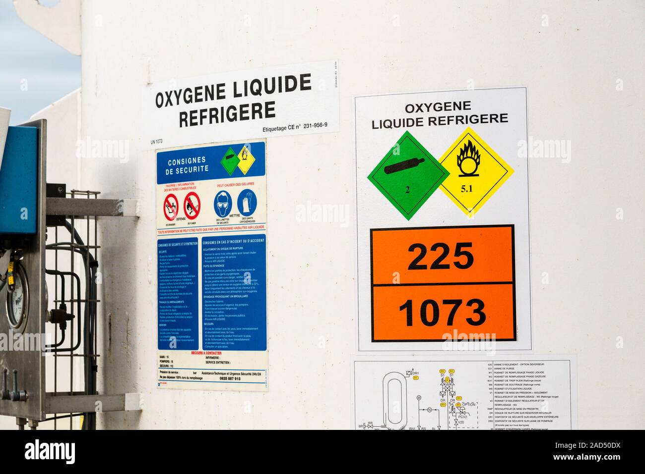Liquid oxygen tank, with hazard warnings Stock Photo - Alamy