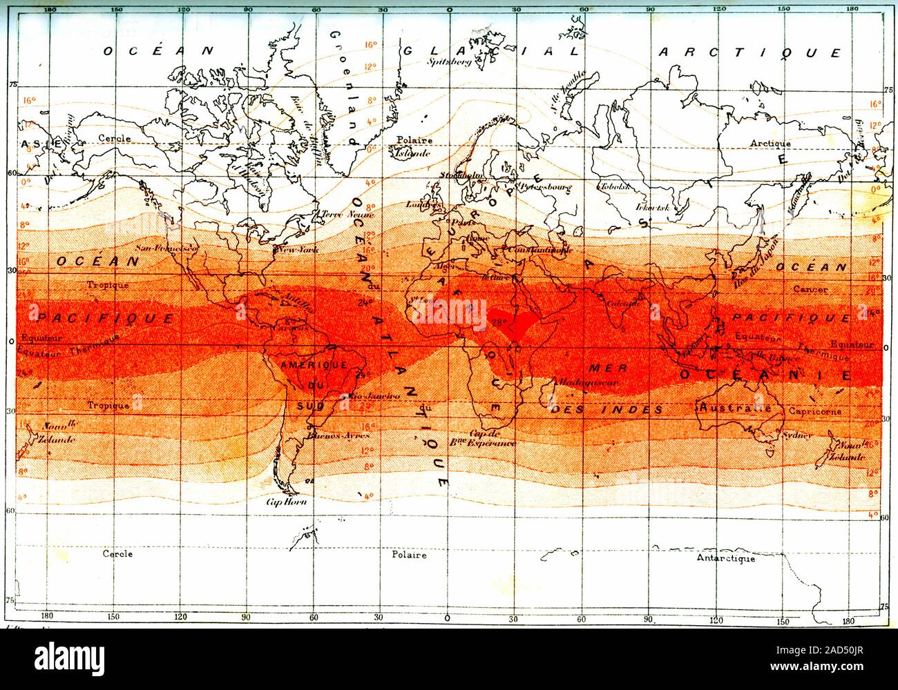 Average global temperatures. 1888 isotherms map showing the average ...