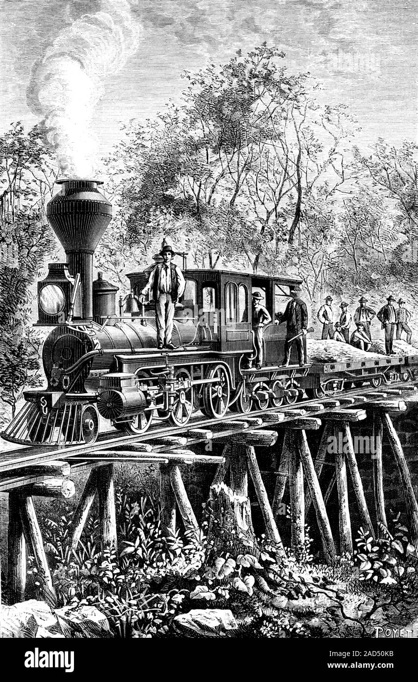 19th C Costa Rican railway. 1885 illustration of a steam train running ...