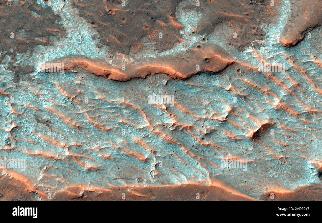 Salt deposits on Mars, satellite image. Polygonal fractures on the ...
