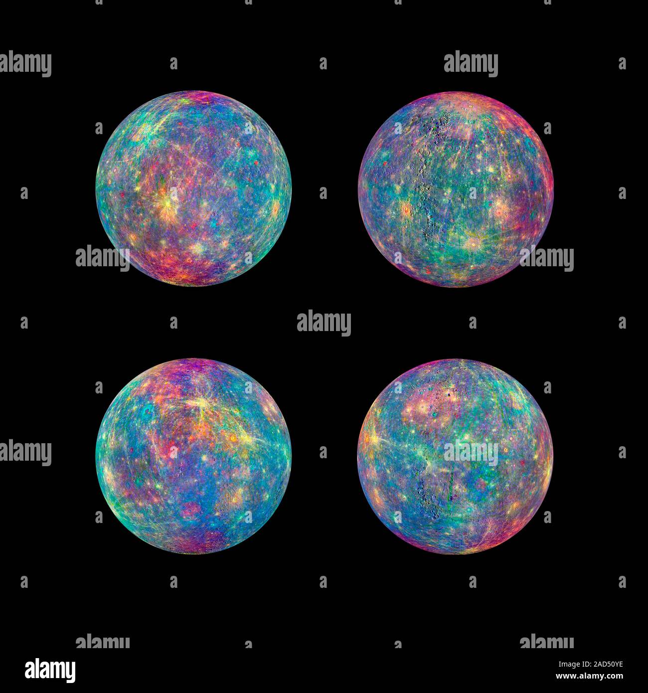 Mercury, MESSENGER images. Four hemispherical projections of Mercury ...