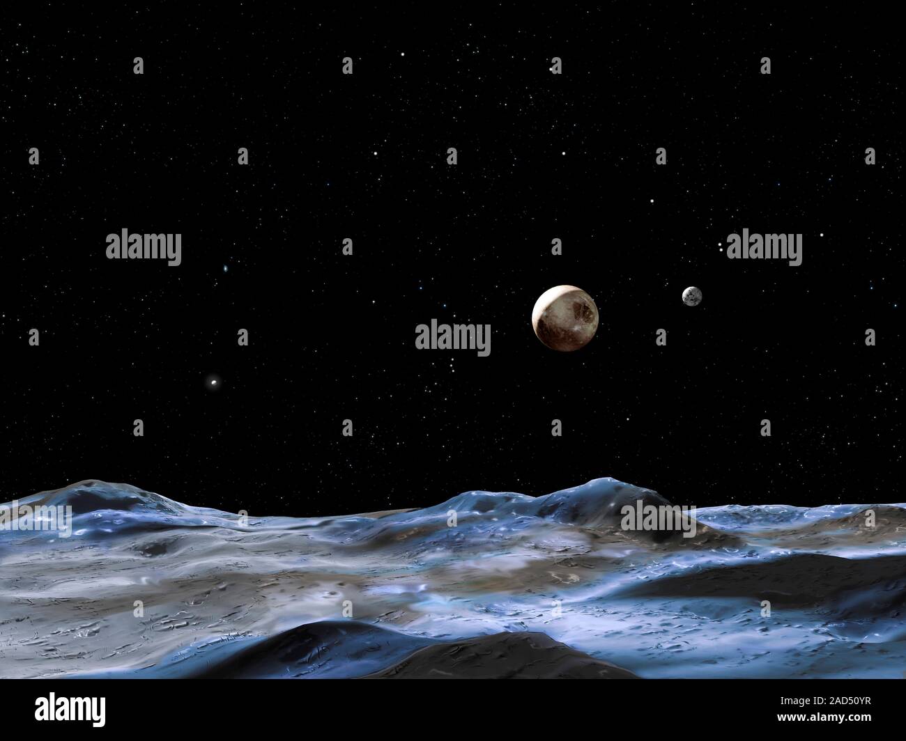 Pluto and Charon, illustration. This is the Pluto system seen from the ...