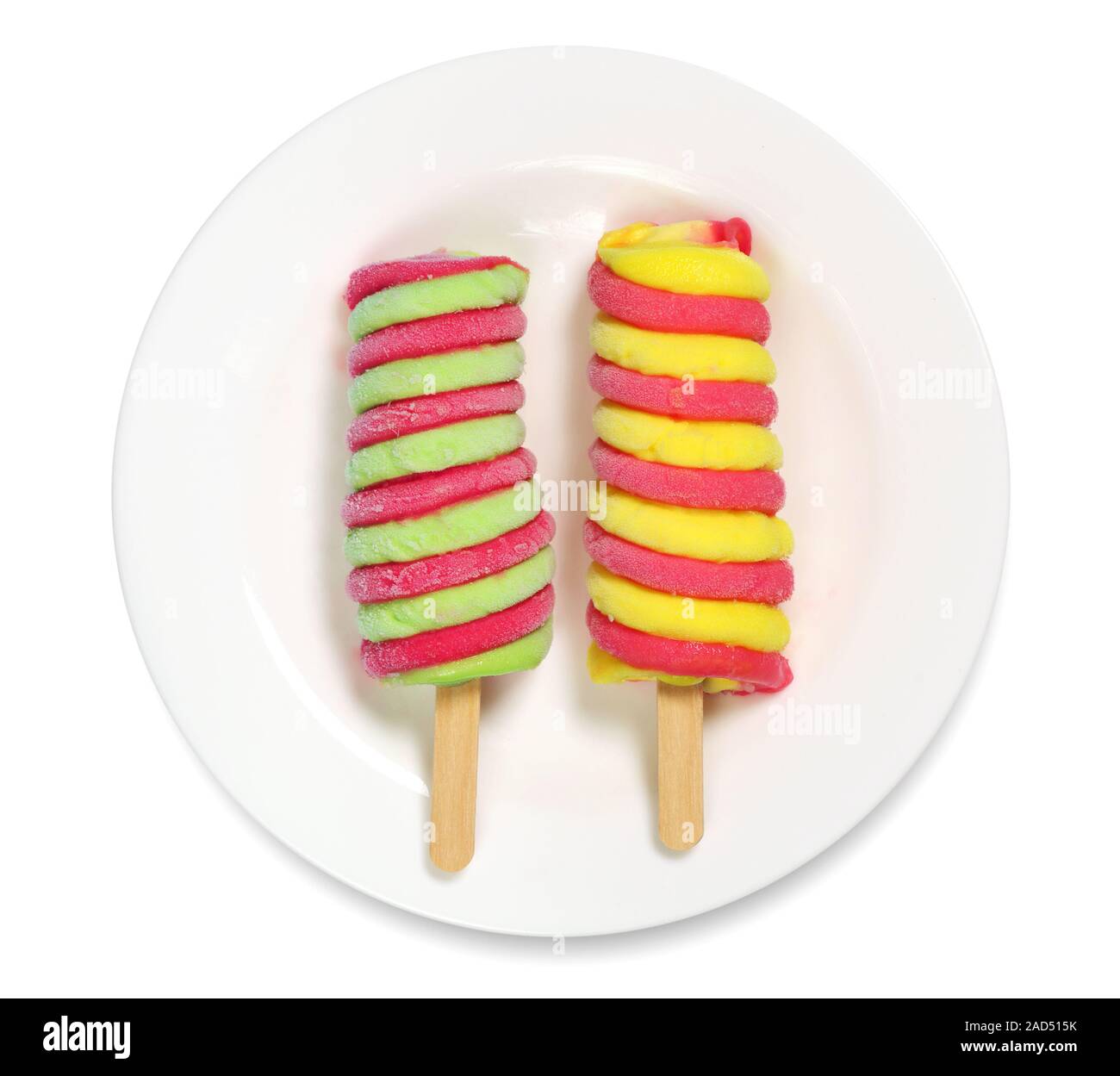 Two colorful fruit popsicle in plate on white background Stock Photo ...