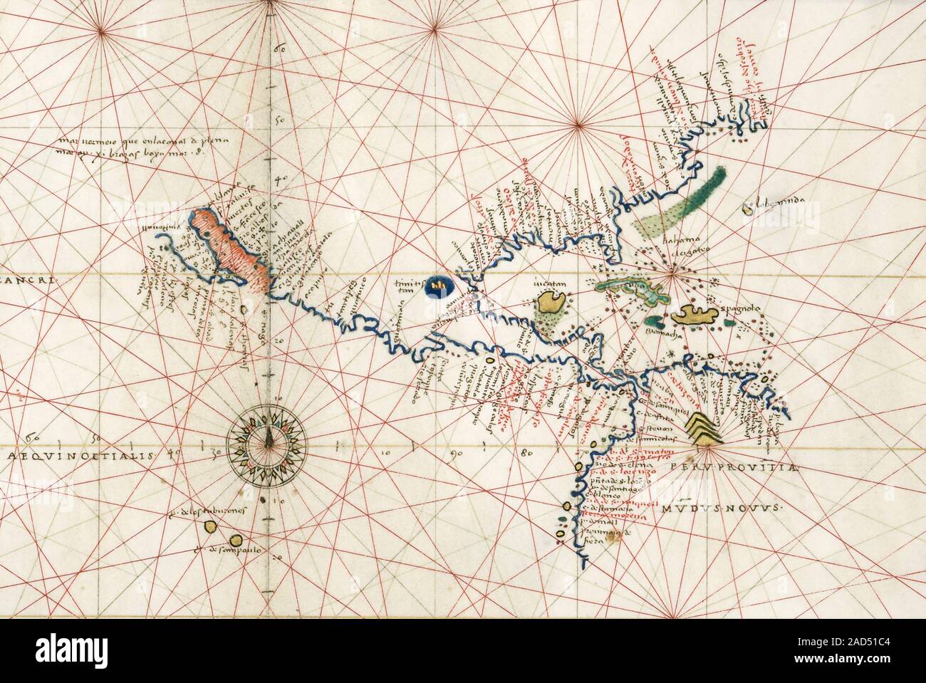 North America portolan chart. 16th-century portolan atlas chart showing ...