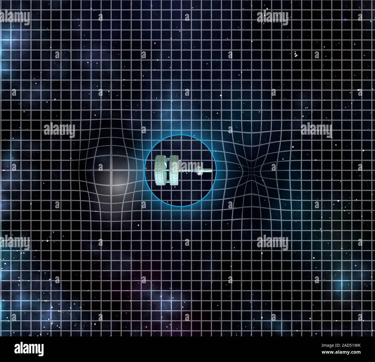 Warp drive. Illustration of a spacecraft travelling through space and ...