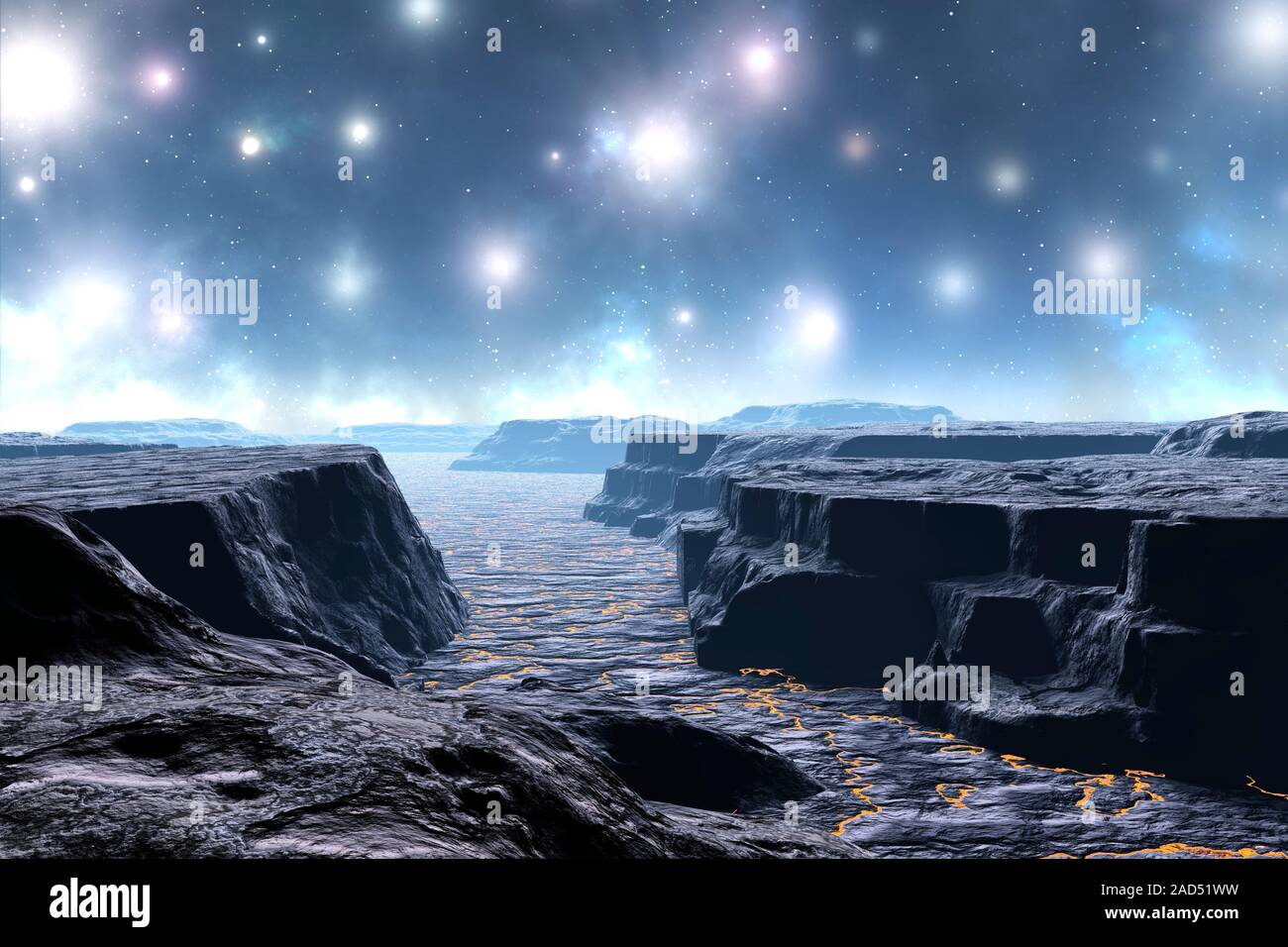 Early Earth's star cluster. Illustration of the surface of the early ...