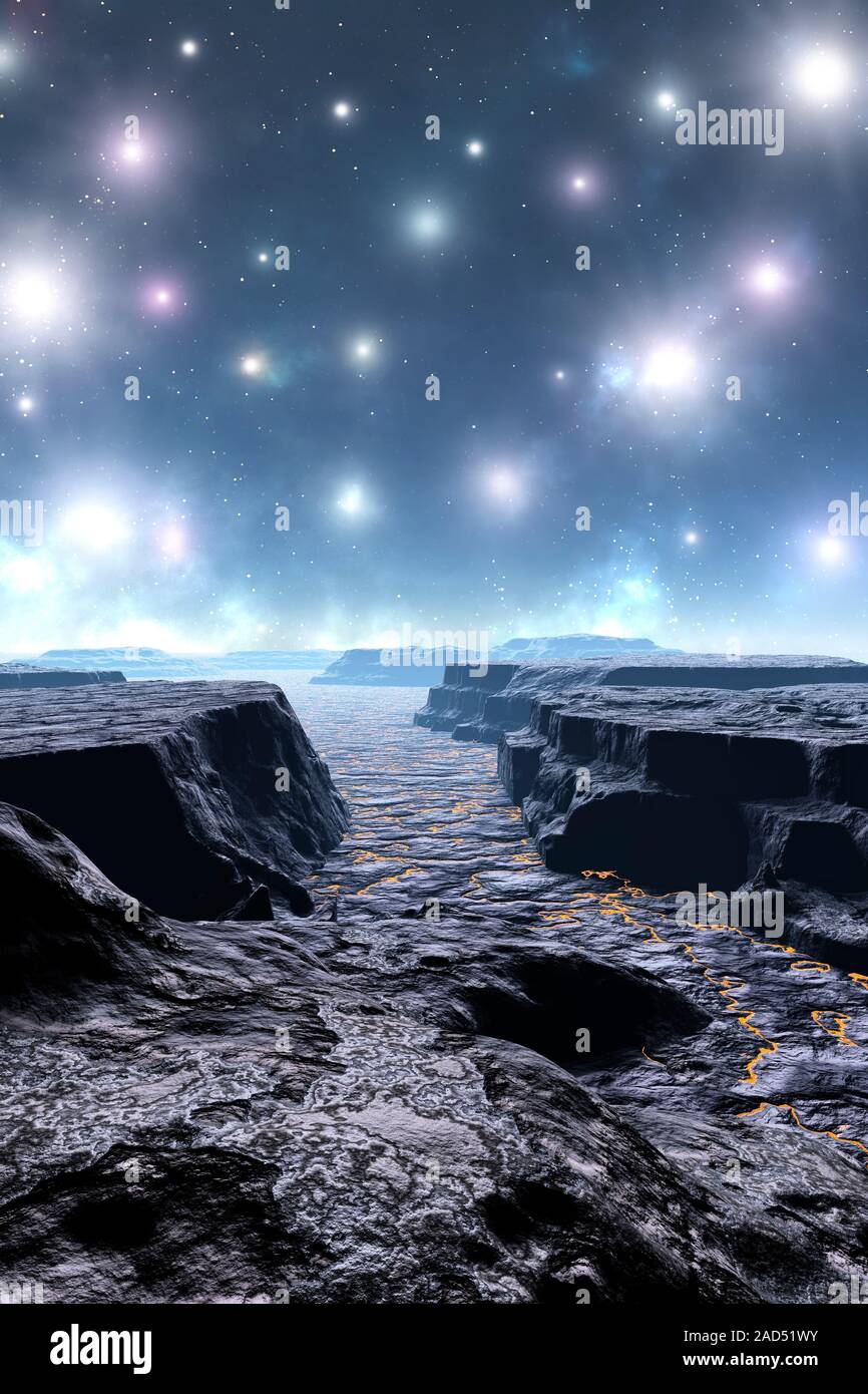 Early Earth's star cluster. Illustration of the surface of the early ...