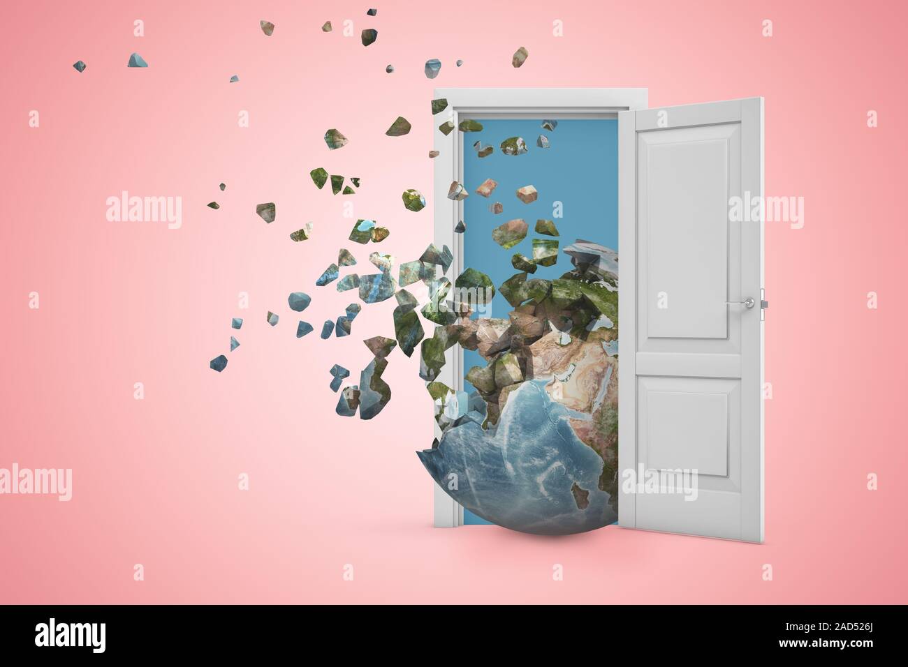 3d rendering of Earth globe shattering into pieces in white open ...