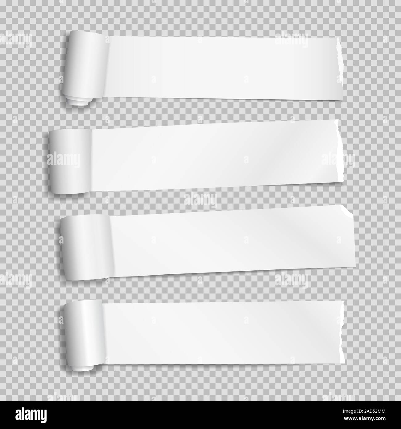 Rolled and ripped white note paper pieces, strips are on squared ...