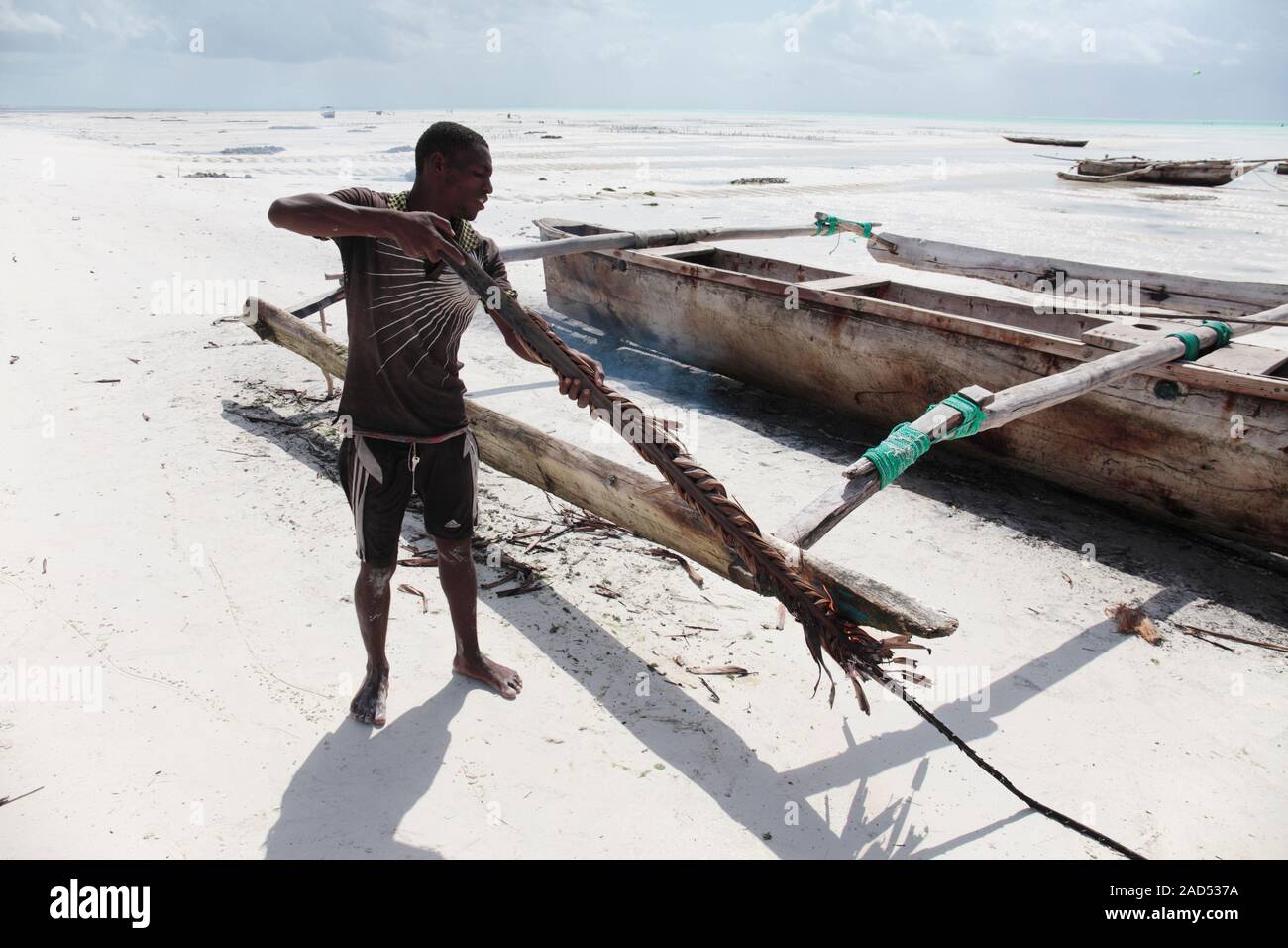 Fire-hardening a ngalawa boat, Zanzibar. Ngalawa boat being hardened ...