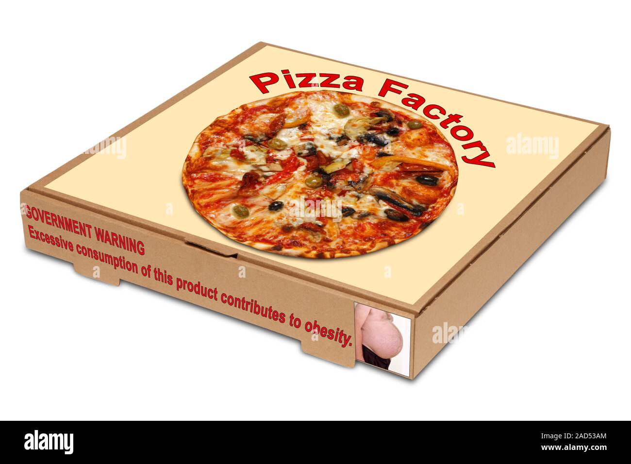 Food packaging obesity warning. Conceptual image of a pizza box ...