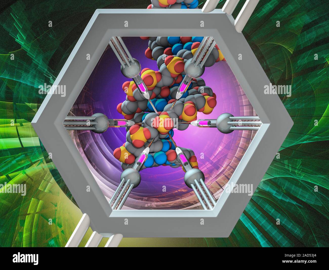 Conceptual illustration depicting the process of genetic engineering by ...