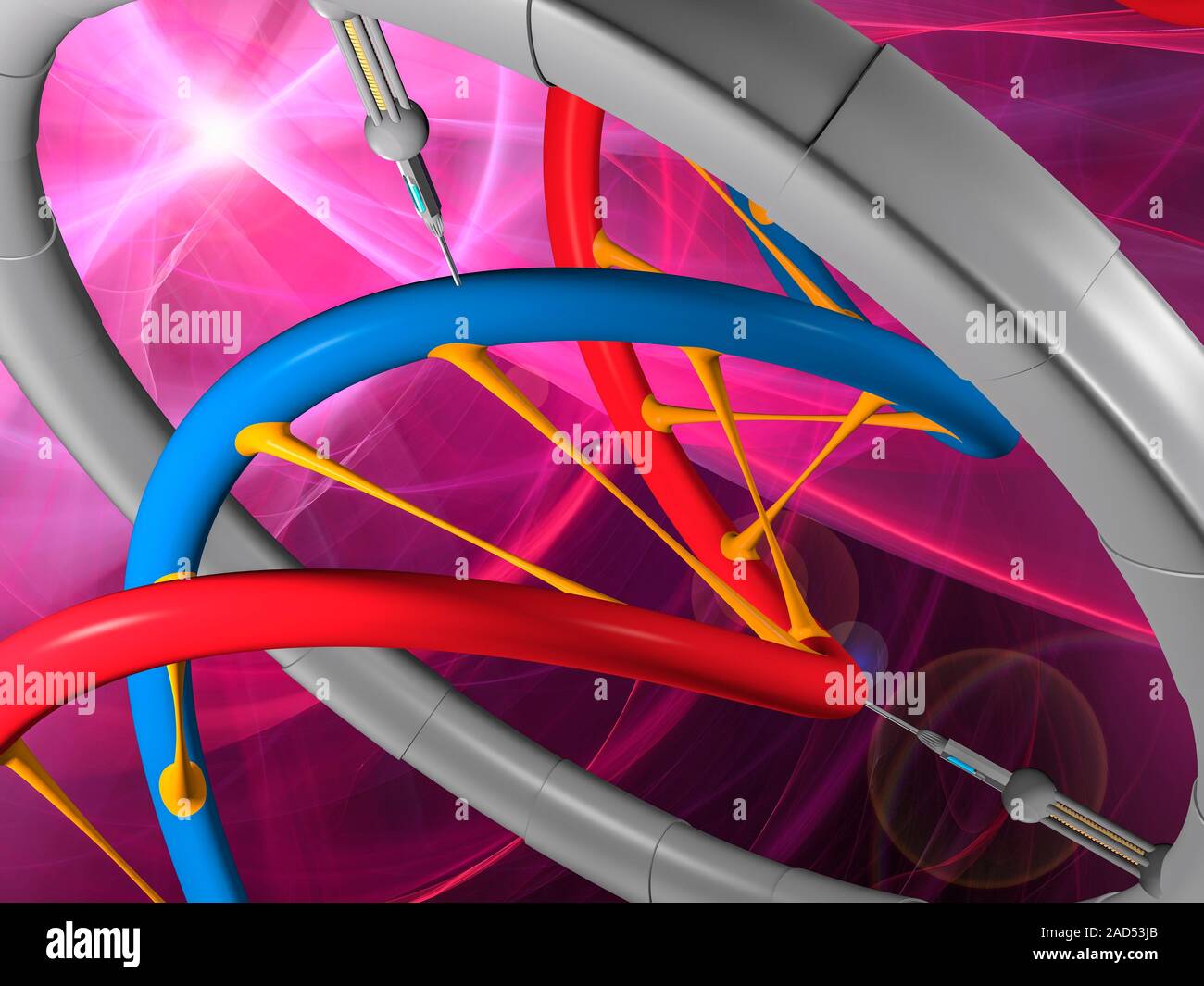Conceptual illustration depicting the process of genetic engineering by ...