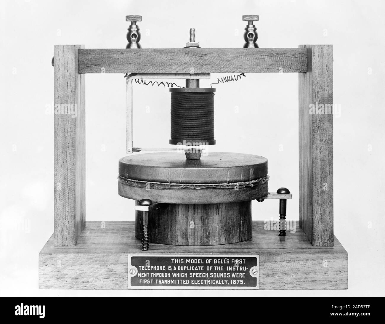Model of Bell's telephone of 1875. The display plate states that this ...