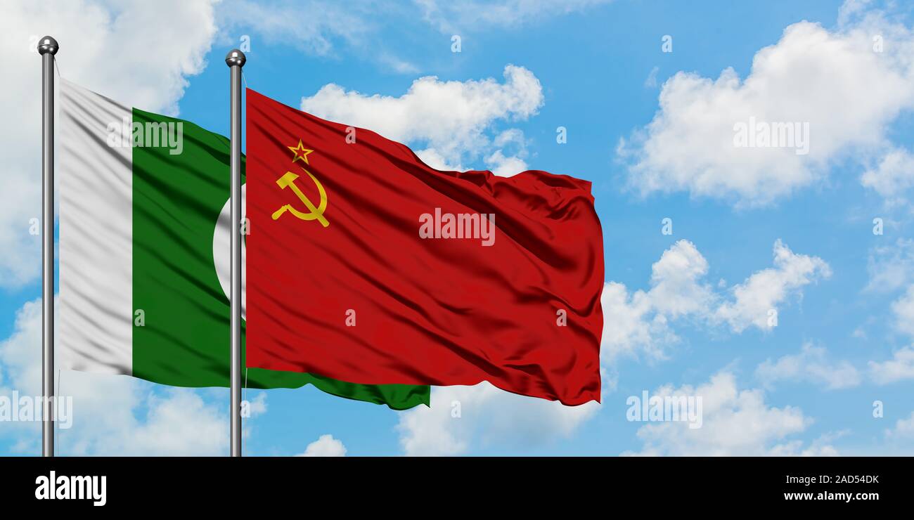 Pakistan and Soviet Union flag waving in the wind against white cloudy ...