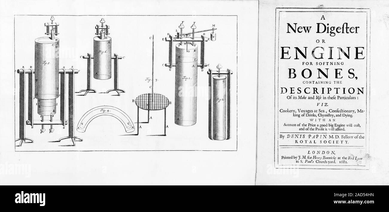 Papin's pressure cooker. Illustration of a version of the pressure ...