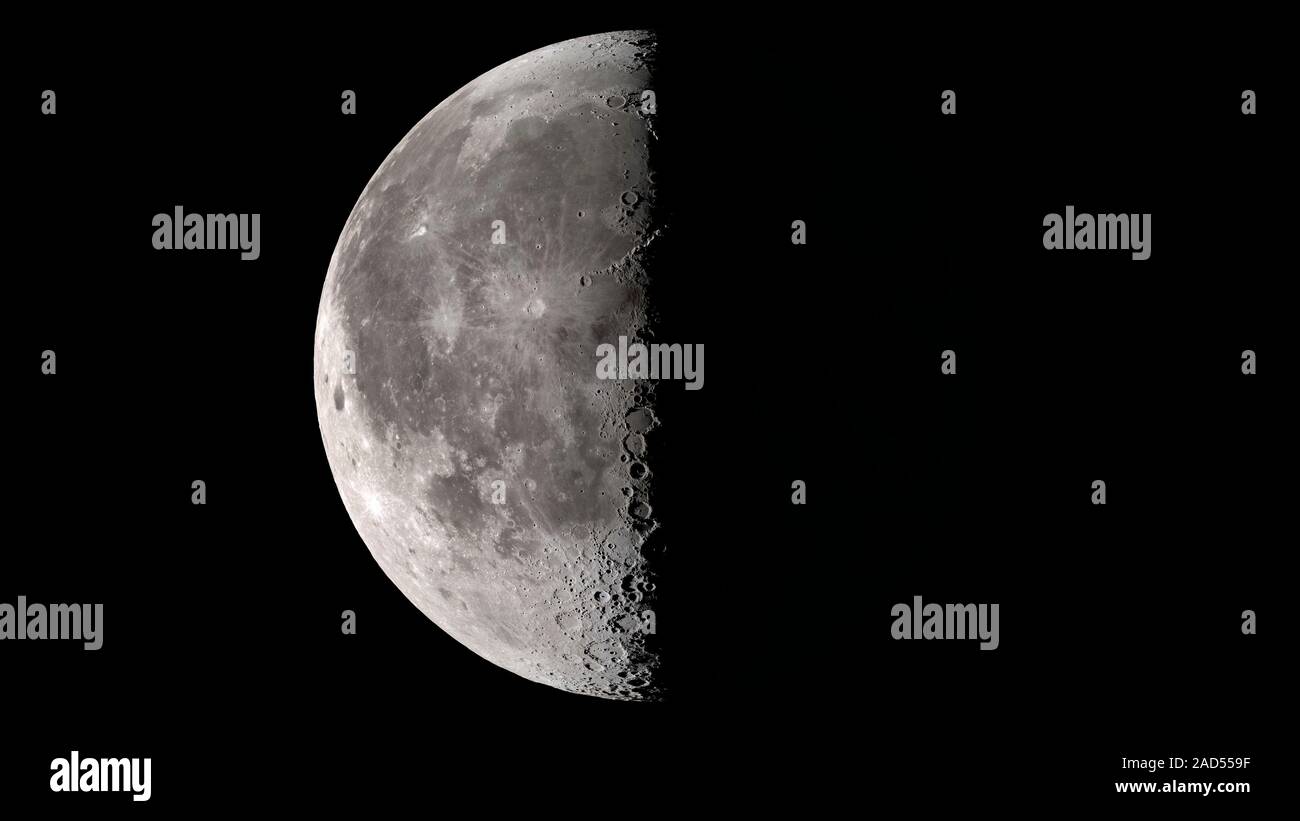 Third quarter Moon. The lunar phases arise as the Earth-Moon-Sun angle ...