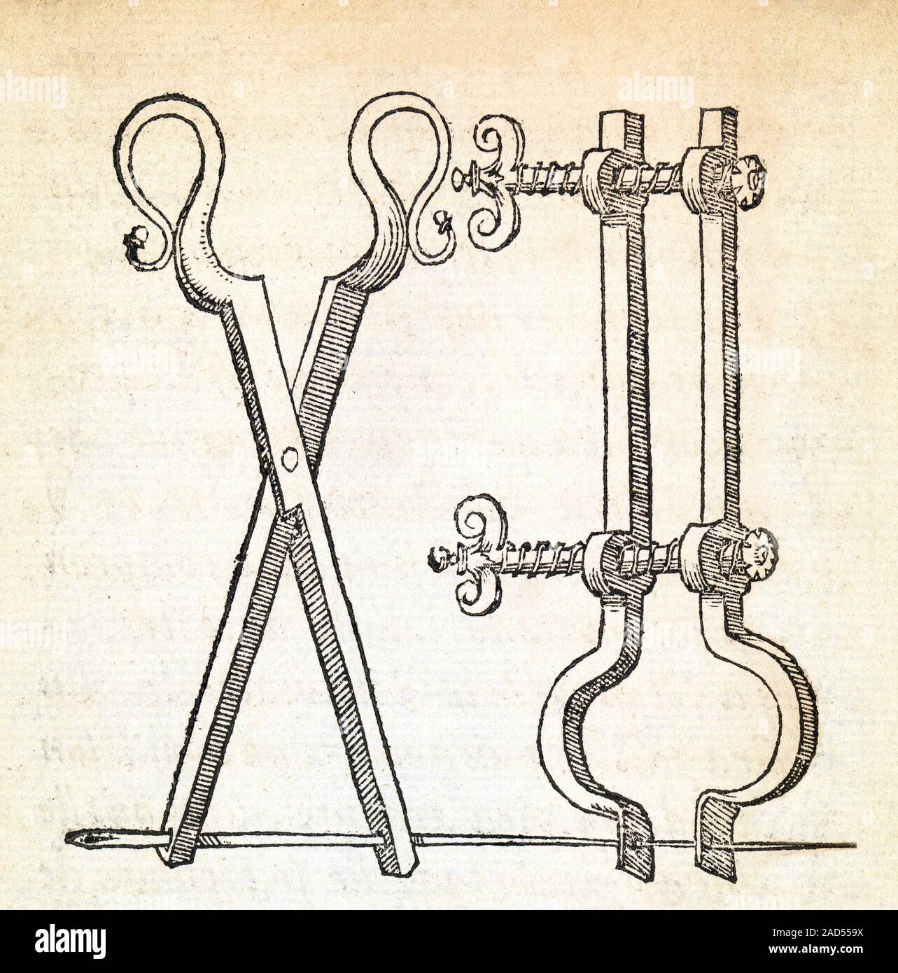 Hernia surgery instruments. 16th-century illustration of instruments used by French surgeon ...