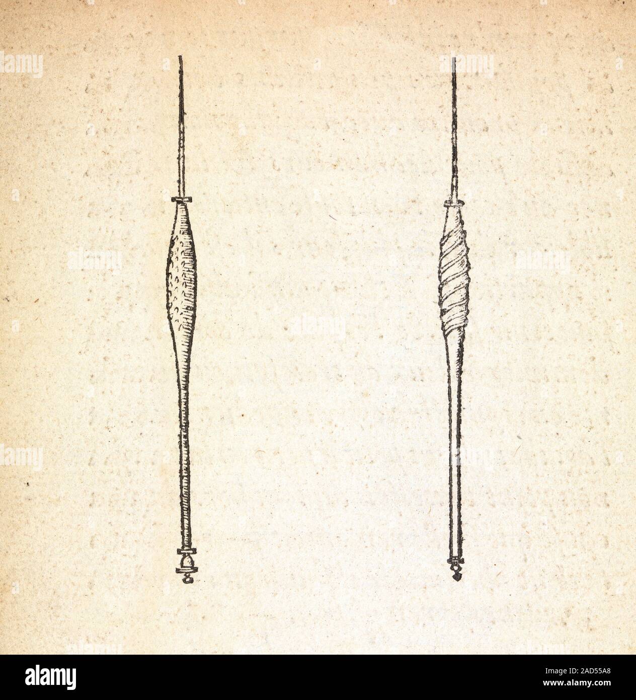 Hernia surgery instruments. 16th-century illustration of instruments used by French surgeon ...