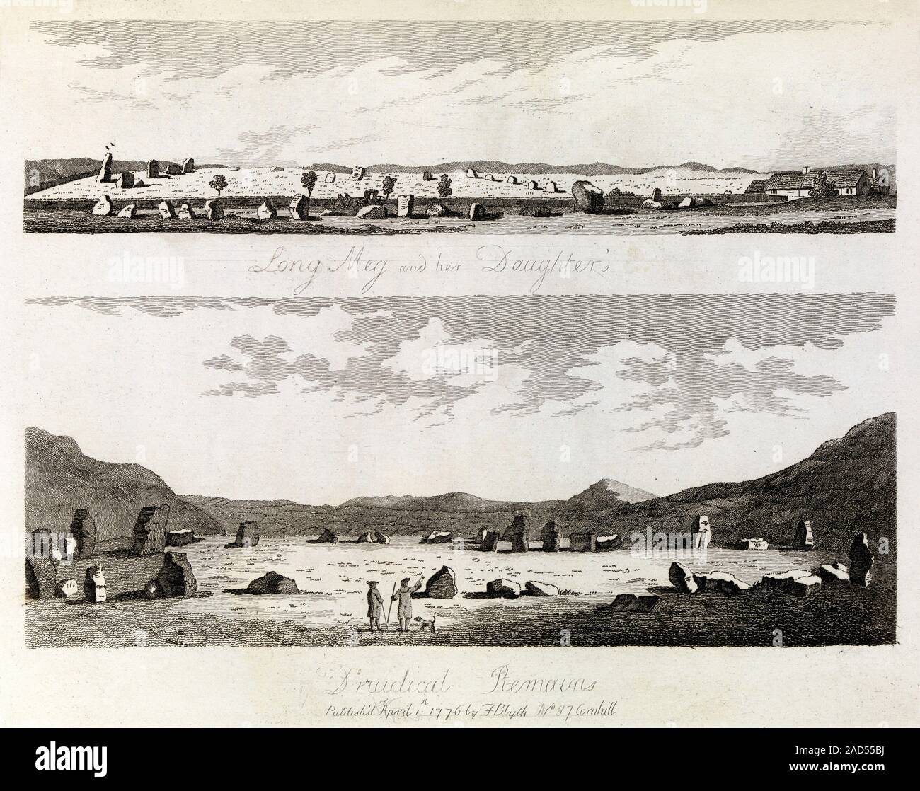 Long Meg and Her Daughters stone circle. 18th-century illustration of ...
