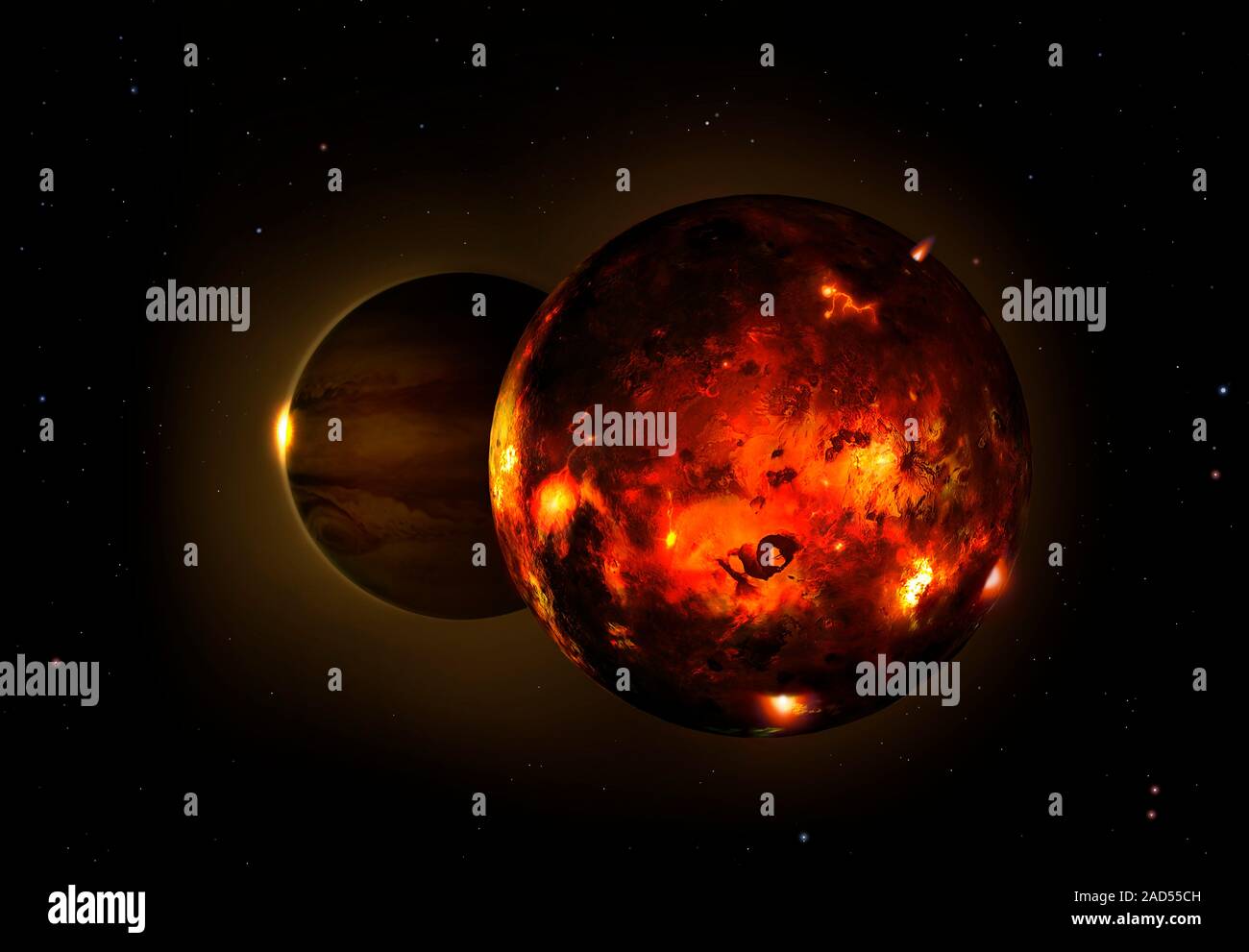 Volcanic activity on Io. Artwork of global-scale volcanism on Jupiter's ...