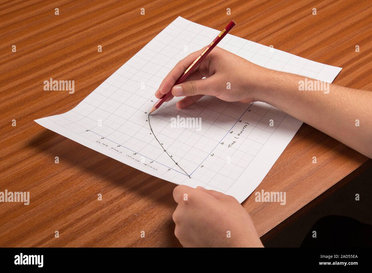 Drawing a graph. A student draws a curved line graph using results of ...