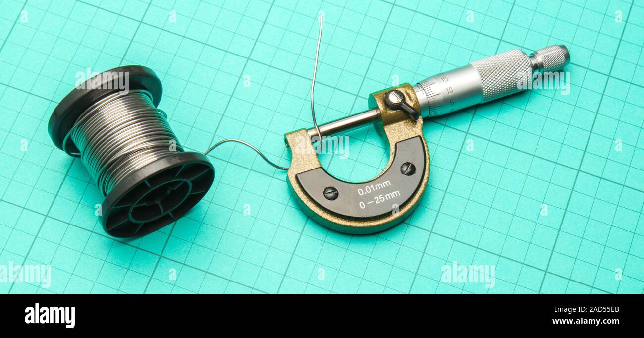 Micrometer measuring wire. A micrometer measuring the diameter of ...
