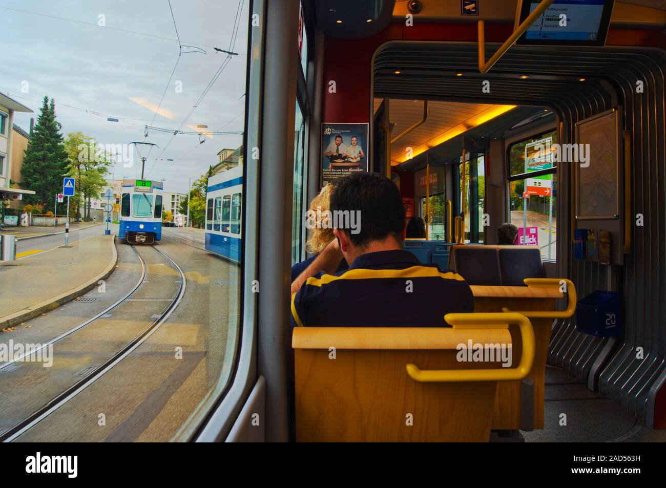 The interior of a carriage on line 3 of the tram system in Zurich ...