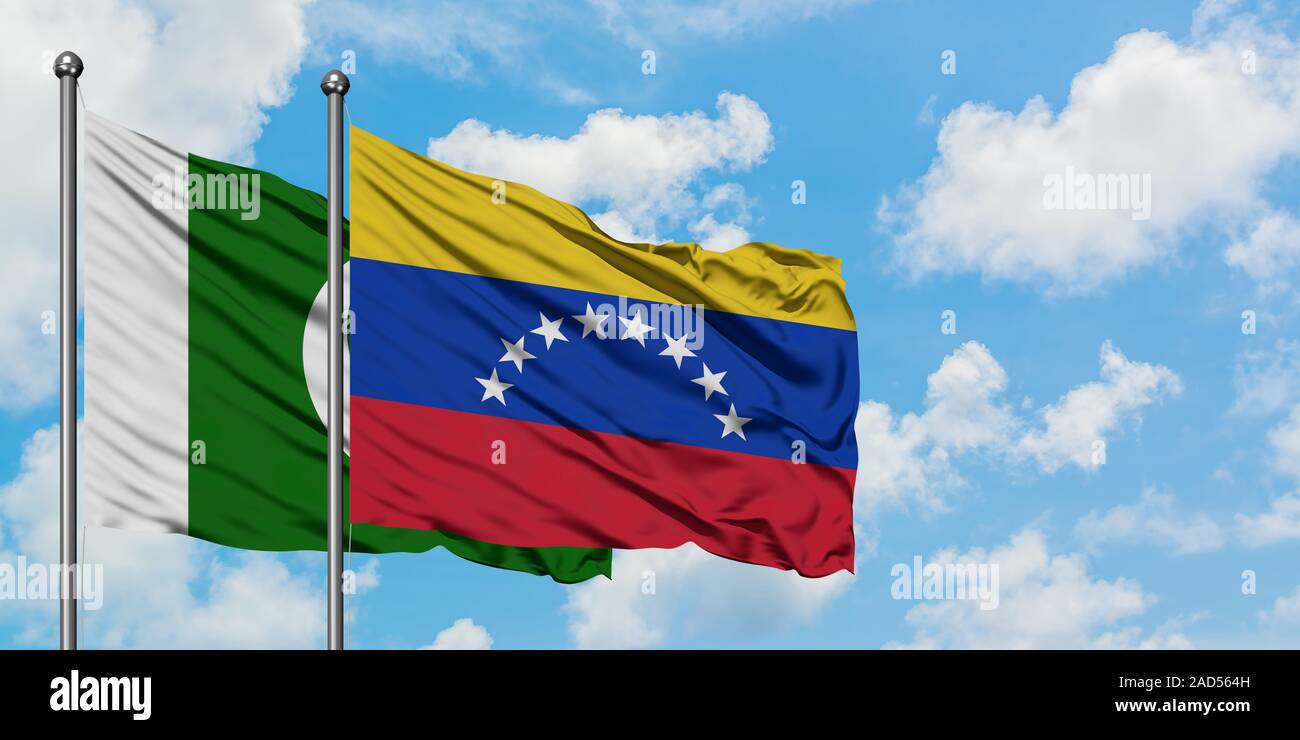 Pakistan and Venezuela flag waving in the wind against white cloudy ...