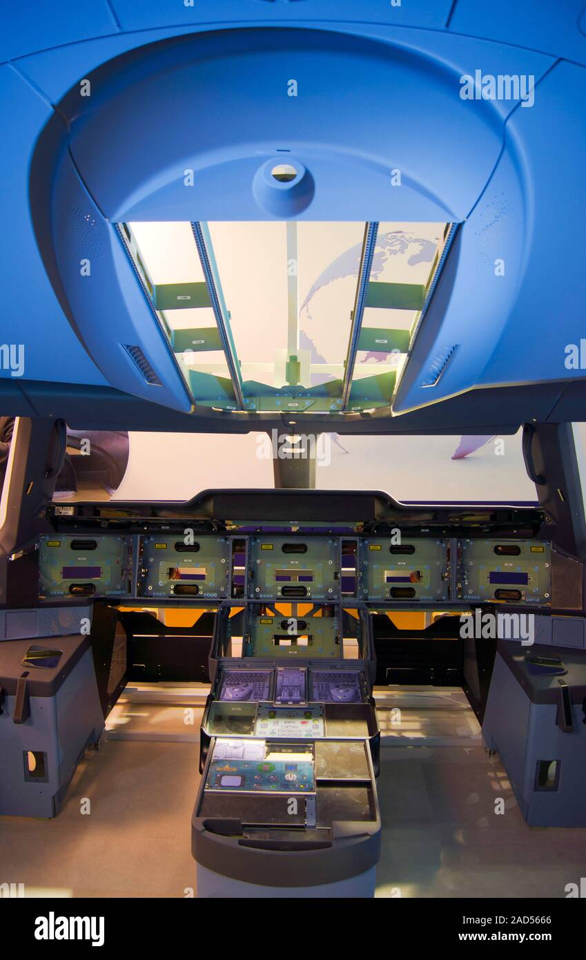 The primary structure of a wide-body aircraft cockpit, showing pilot ...