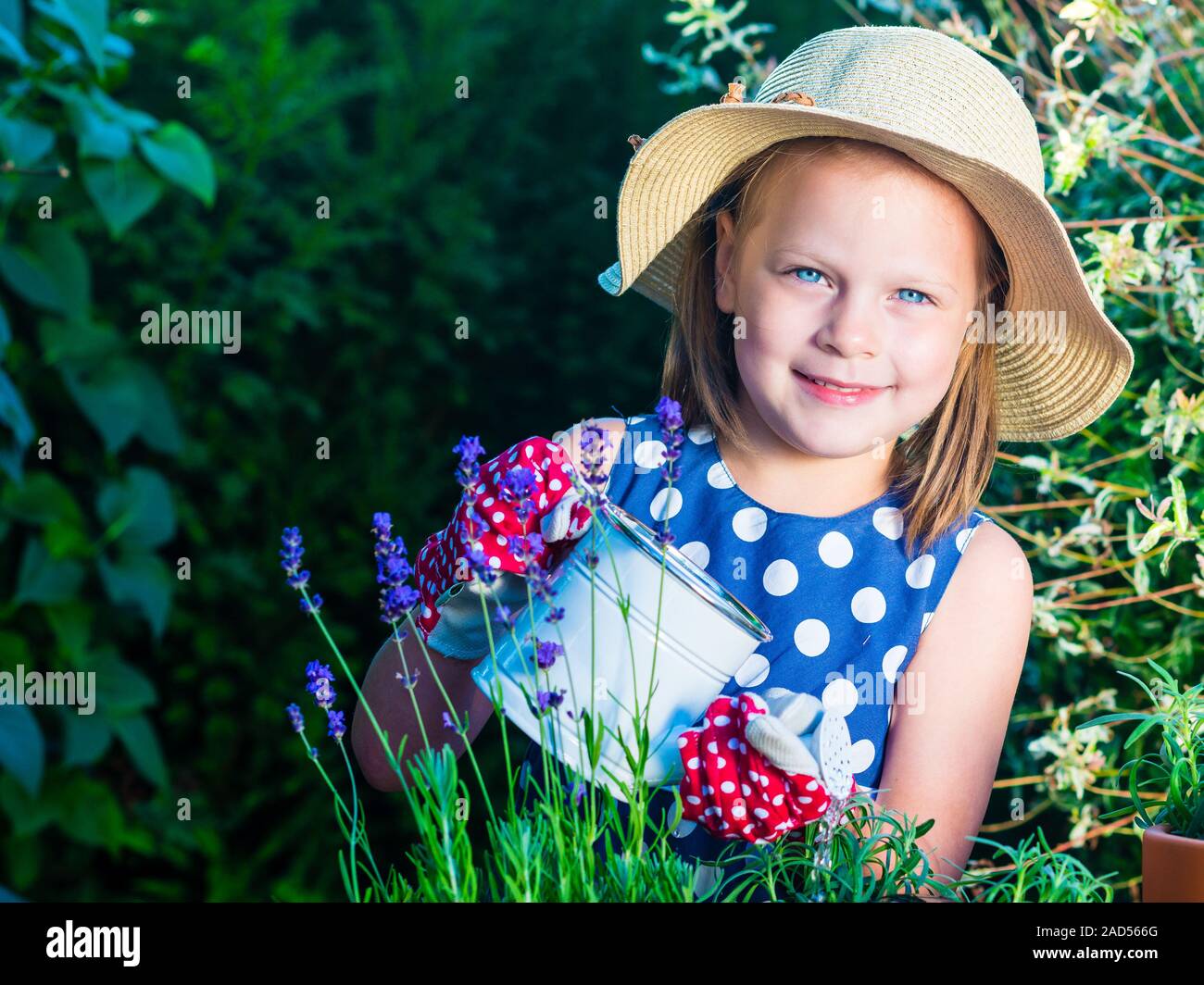 Cute girl watering herbs. Child taking care of plants. Kid with water ...