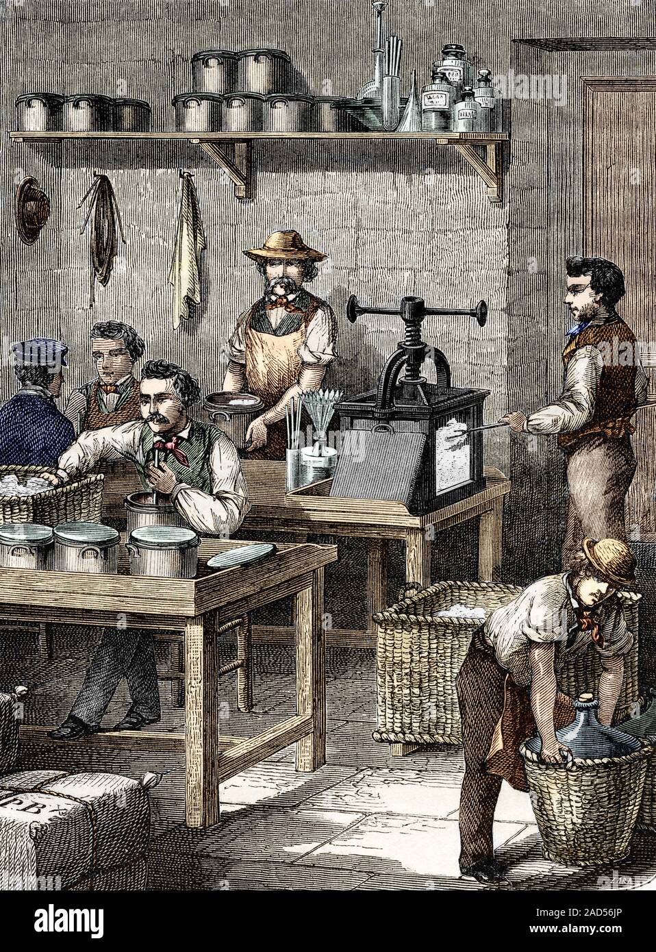 Manufacture of guncotton in 19th century France. Cotton is immersed in ...