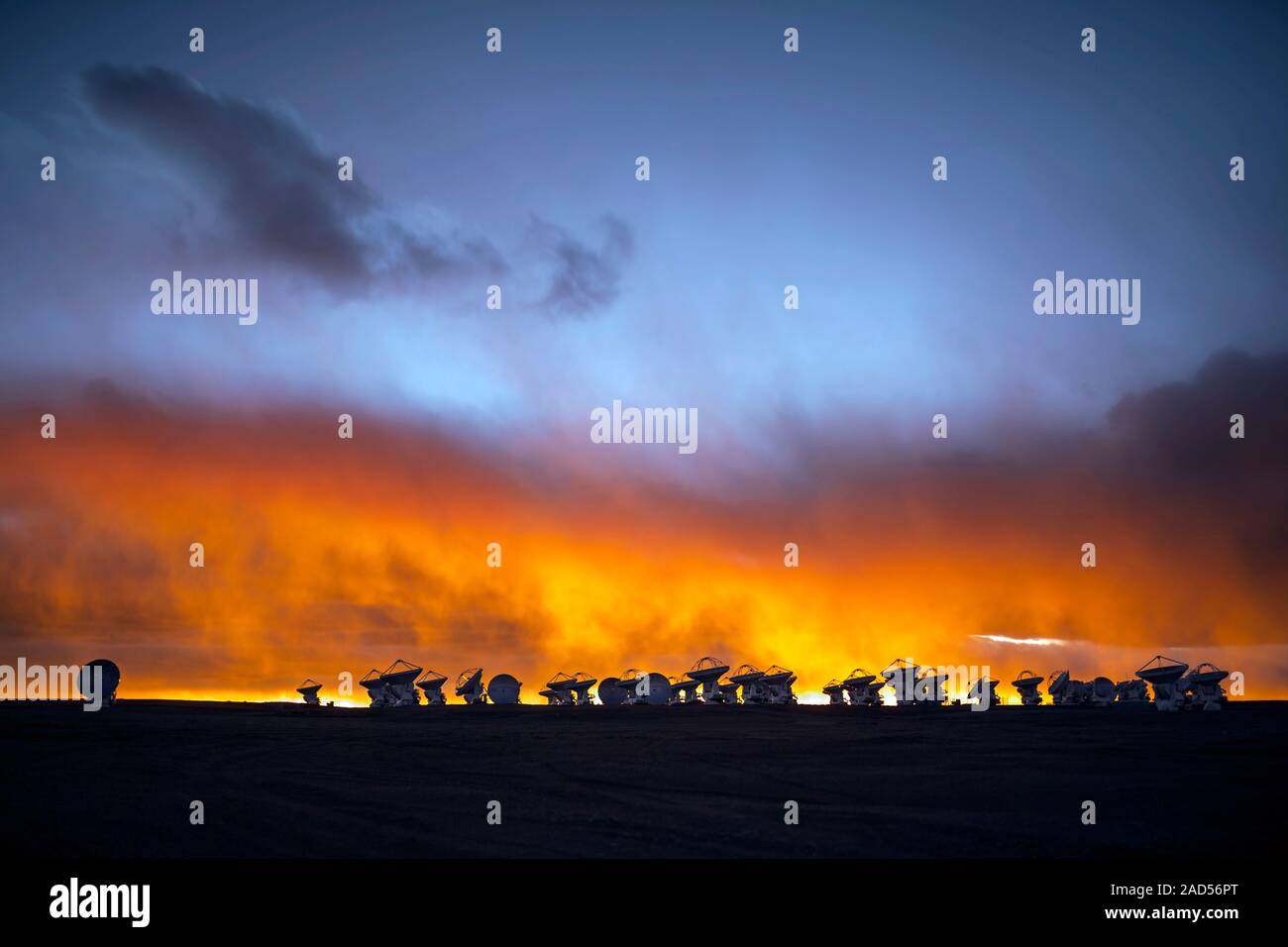 ALMA telescopes at sunset. Fisheye image of the telescopes of the ...