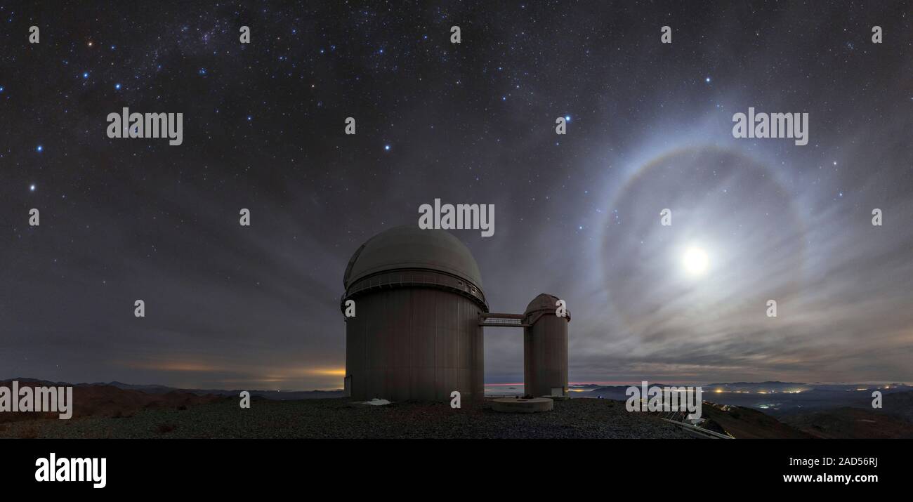 Moon halo and La Silla Observatory. Panoramic image of a lunar halo in ...